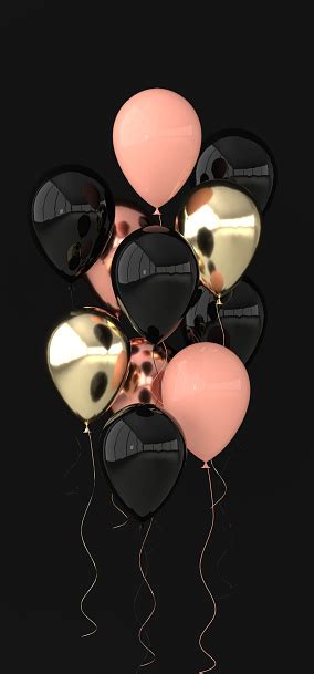 파스텔 색상의 배경에 광택 핑크 검은 색과 황금 풍선의 그림 생일 파티 홍보 소셜 미디어 배너 포스터를위한 빈 공간 3d 렌더링 사실적인 풍선 1위에 대한 스톡 사진 및