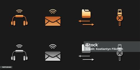 스마트 헤드폰 시스템 메일 및 이메일 파일 전송 및 Usb 케이블 코드 없음 아이콘을 설정합니다 벡터 Usb 케이블에 대한 스톡