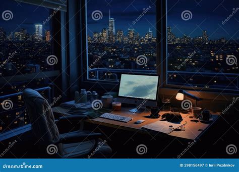 Late Shift Office Worker Basking In Computer Screen Illumination Stock