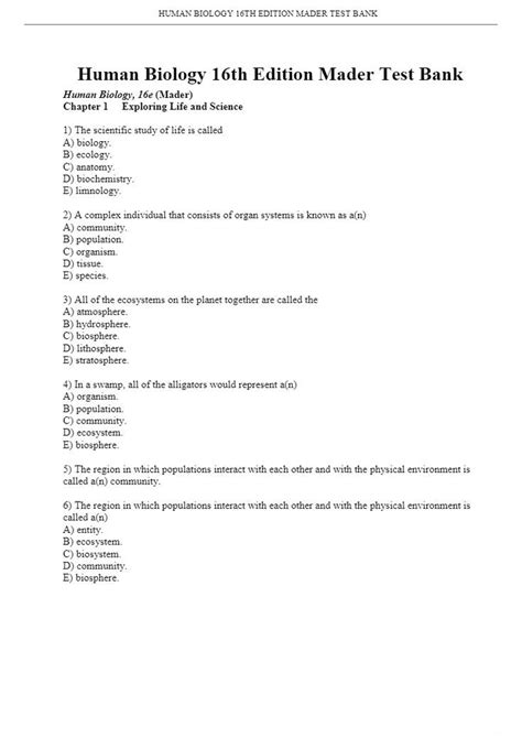 Human Biology 16th Edition Mader Test Bank Answers And Cheat Sheets