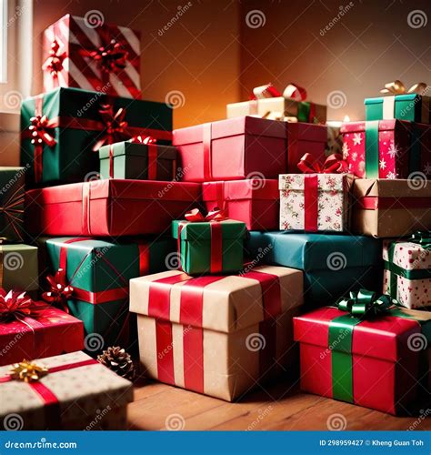 Pile Of Wrapped Decorated Christmas Presents Holiday T Sharing