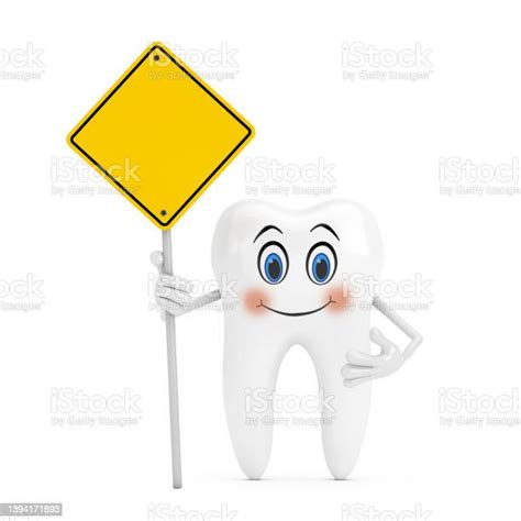 하얀 치아 사람 캐릭터 마스코트와 노란색 도로 표지판 당신의 디자인을위한 여유 공간 3d 렌더링 개념에 대한 스톡 사진 및 기타 이미지 Istock