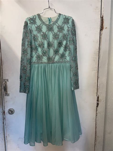 1960s Beaded Long Sleeve Chiffon Dress Gem