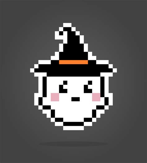 8 Bit Pixel Ghost Wearing Wizard Hat Cute Flying Ghost In Vector