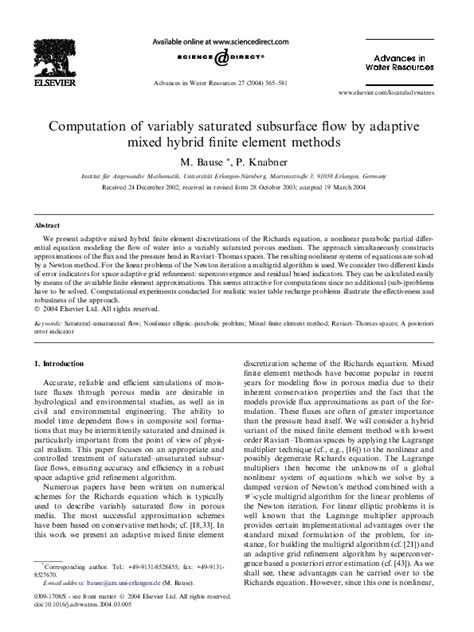 Pdf Computation Of Variably Saturated Subsurface Flow By Adaptive