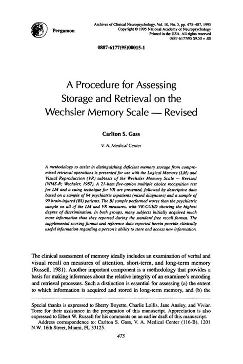 Pdf Assessment Of Storage And Retrieval Operations Using The Wechsler