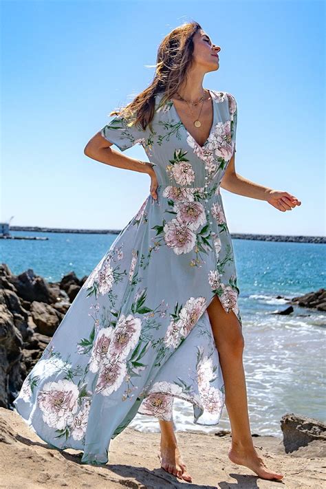 Blue Floral Print Front Button Slit Dress