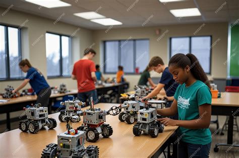 Stem Lab Classroom Background With Students Building Robots Premium