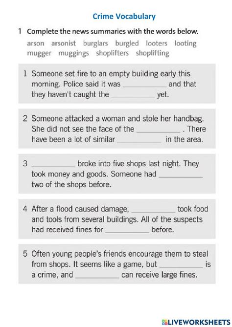 Crime Worksheet For Pre Intermediate Live Worksheets