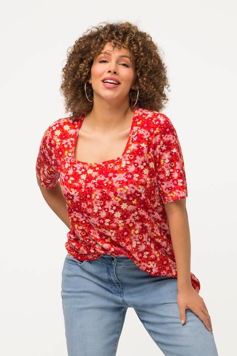 Ditsy Floral Print Square Neck Tee Paprika Red Ulla Popken