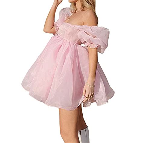 Womens Off Shoulder Ruffled Fluffy Short Sleeved Mesh Party Mini