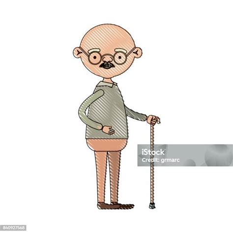 콧수염과 안경으로 지팡이에 전신 노인 남자의 색깔 크레용 실루엣 가득 찬에 대한 스톡 벡터 아트 및 기타 이미지 가득 찬