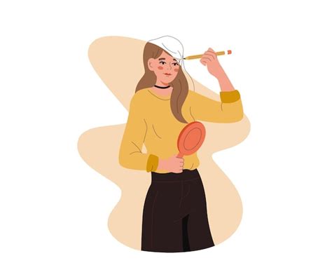 Premium Vector Woman Draws Own Image With Pencil And Holds Mirror As