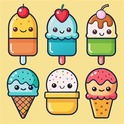 Cute Cartoon Ice Cream Popsicle And Cone Set Premium Ai Generated Vector