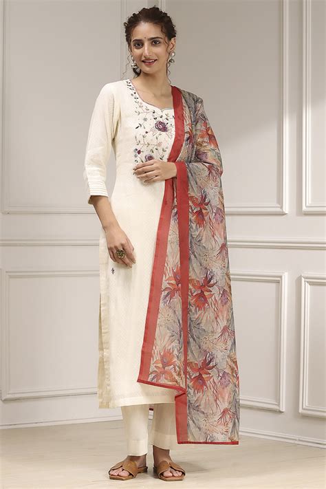 Buy Off White Cotton Hand Embroidered Unstitched Suit Set Online At