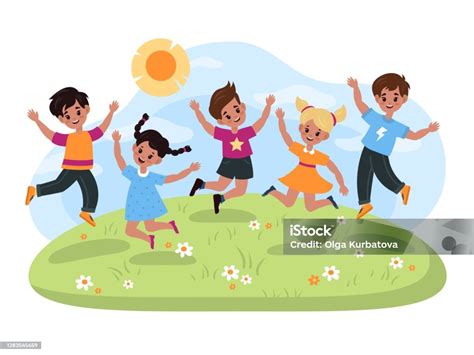 행복한 점프 아이들 즐거운 학교 귀여운 아이들 소년과 소녀는 재미를 가지고 야외에서 함께 점프 작은 친구는 공원 벡터 만화 평면 어린 시절 개념에서 유치원 미소 놀이에 대한