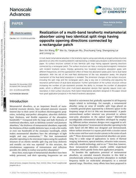 Pdf Realization Of A Multi Band Terahertz Metamaterial Absorber Using