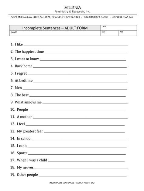 Fl Millenia Psychiatry Research Incomplete Sentences Form Fill Online