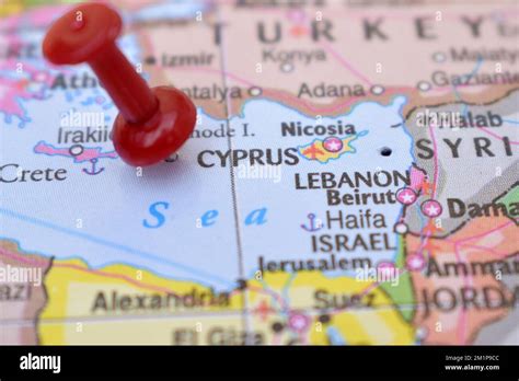 Red Push Pin Pointing On Location Of Cyprus World Map Close Up View