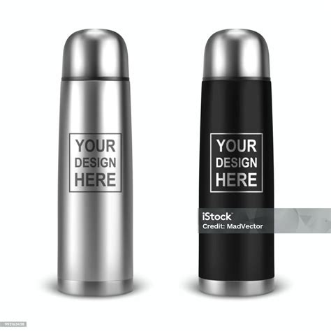 向量逼真的3d 空光澤金屬真空熱轉杯瓶圖示設置特寫在白色背景圖形包裝樣機設計範本前視圖向量圖形及更多不銹鋼圖片 不銹鋼 乾淨 剪裁圖