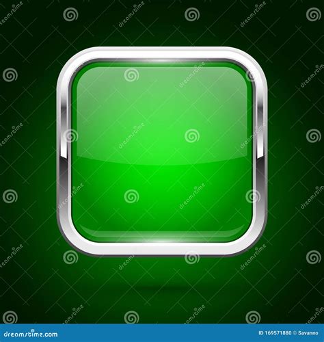 Green Glass Button With Metal Frame Square Iconon Green Background