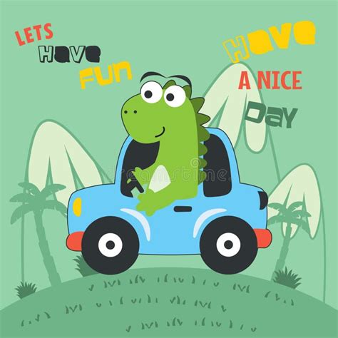 Um Dinossauro Fofo Dirigindo Um Carro Vai Para Um Desenho Animado Da