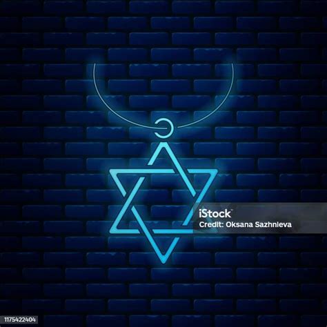 벽돌 벽 배경에 고립 된 체인 아이콘에 데이비드 목걸이의 빛나는 네온 스타 유대인 종교의 상징 이스라엘의 상징 보석 및 액세서리 벡터 일러스트레이션 0명에 대한 스톡 벡터