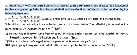 Solved R The Reflectivity Of Light Going From Air Chegg