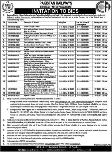 Tender For Procurement Of Items At Pakistan Railways Islamabad 2023