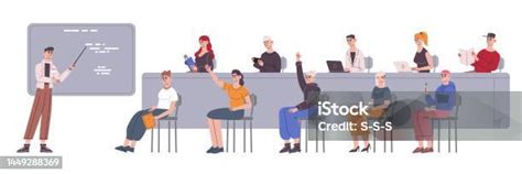 학생 강당 대학 수업 대학 지루한 강의실 또는 학교 시험 언어학 교사 프리젠 테이션 학습 최근 벡터 일러스트 레이 션에 대한 십대 참여 가정의 방에 대한 스톡 벡터 아트 및