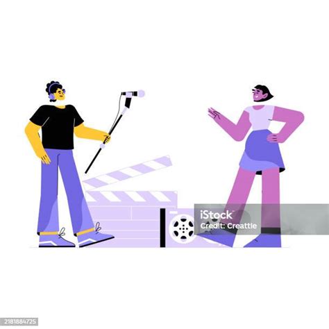 마이크와 여성 배우를 가진 Soundman 오디오 녹음 영화 제작 및 미디어 제작을 상징하는 평면 벡터 일러스트 레이 션 흰색 배경에 고립 된 가수에 대한 스톡 벡터 아트