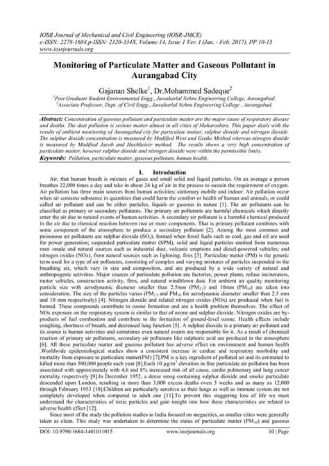 Monitoring Of Particulate Matter And Gaseous Pollutant In Aurangabad City Pdf