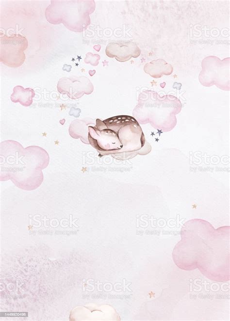 귀여운 아기 사슴의 수채화 손으로 그린 그림 달과 구름에서 자고있는 새끼 사슴 베이비 샤워 테마 초대장 생일 템플릿 0명에 대한