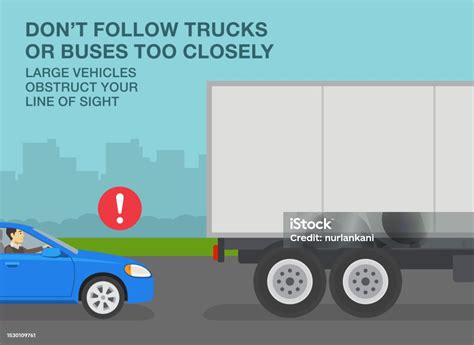 안전 운전 규칙 및 요령 트럭을 너무 바짝 따라가는 파란색 세단 자동차 도로에서 안전 거리를 유지하십시오 대형 차량이 시야를 가리고 있습니다 속도에 대한 스톡 벡터 아트 및