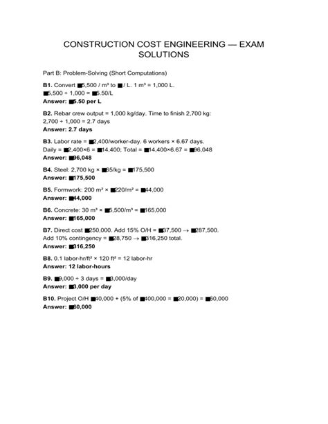 Construction Cost Engineering Exam Solutions