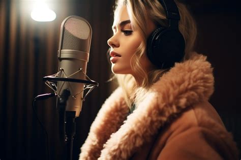 Premium Photo Woman Prepares Herself And A Material Before Voice