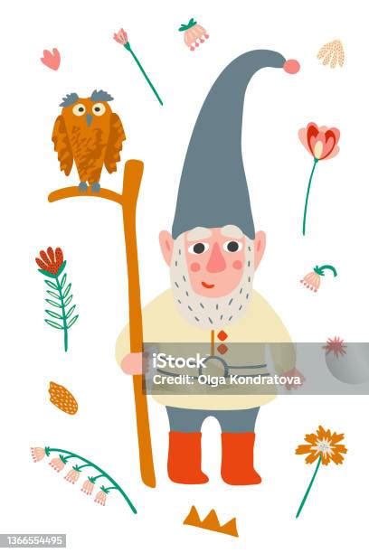 수염과 모자를 가진 노메 캐릭터 모자 지팡이 올빼미 식물귀여운 엘프 휴일 노움 플랫 만화 벡터 일러스트레이션 엽서에 대한 어린이 그림 티셔츠 인쇄 가방 등을 위한 프린트