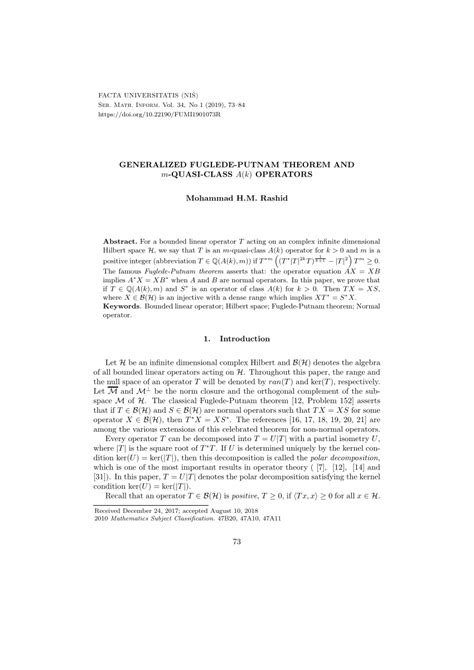 Pdf Generalized Fuglede Putnam Theorem And M Quasi Class Ak Operators