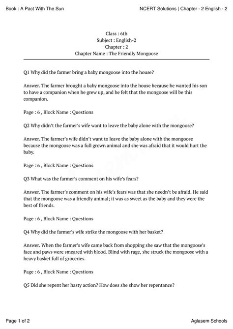 NCERT Solutions Class English A Pact With The Sun Chapter The Friendly Mongoose