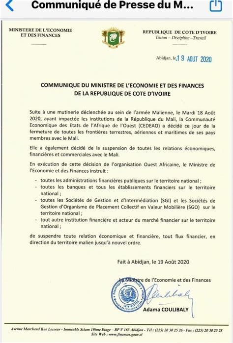 COMMUNIQUE DU MINISTERE DE L ECONOMIE ET DES FINANCES CGECI