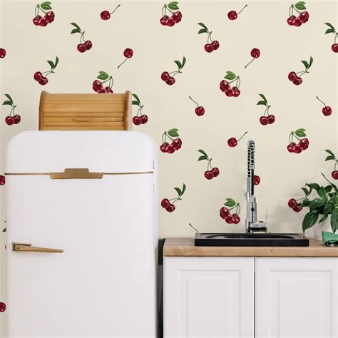 Tiny Cherries Wallpaper Traditional Wallpaper Removable And Renter Friendly Wall Decor