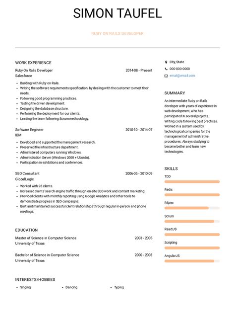 ruby on rails developer resume samples and templates visualcv
