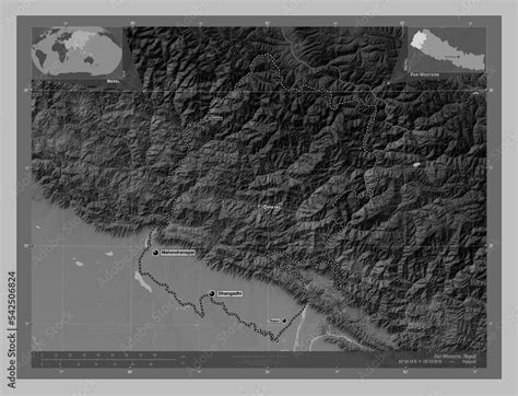 Far Western Nepal Grayscale Labelled Points Of Cities Stock