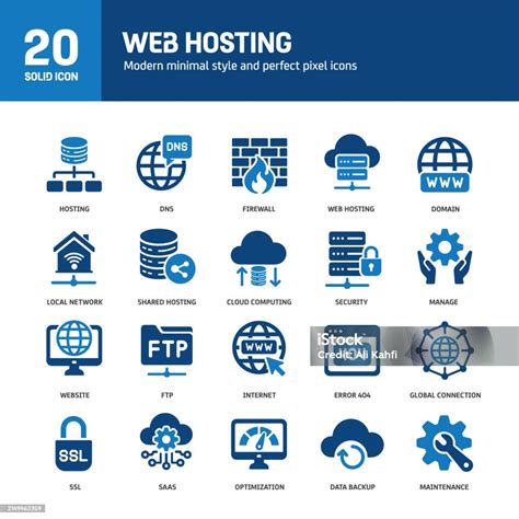 웹 호스팅 글리프 단색 아이콘 인터넷 서버 네트워크 솔리드 아이콘 컬렉션을 포함합니다 벡터 일러스트 레이 션입니다 웹사이트 디자인 로고 앱 템플릿 Ui 등 아이콘에 대한