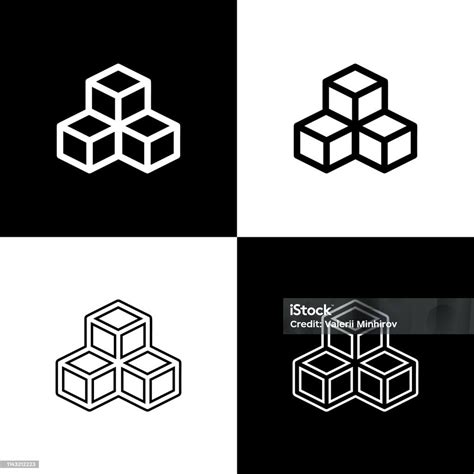 흑백 배경에 고립 된 아이소메트릭 큐브 아이콘을 설정 합니다 기하학적 큐브 단색 아이콘입니다 3d 정사각형 기호입니다 상자 기호입니다 선 개요 및 선형 아이콘입니다 벡터