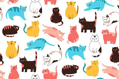 고양이 낙서 만화 원활한 패턴 키티 다른 포즈 무한한 벽지 끝없는 배경 애완고양이에 대한 스톡 벡터 아트 및 기타 이미지