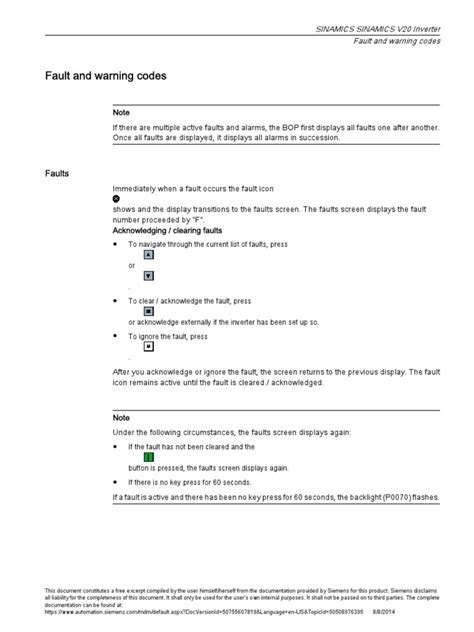 Sinamics Sinamics V20 Inverter Fault And Warning Codes Pdf