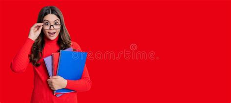 Girl Student Isolated On Red September 1 Copy Space Advertisement