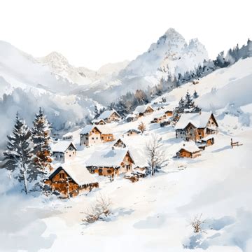 Snowy Mountain Village Watercolor Painting Winter Village Snowy PNG