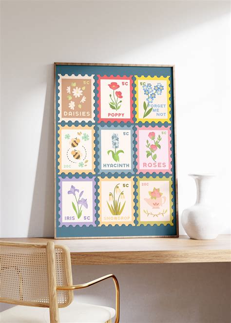 Vintage Postal Stamp Blue Art Print Spring Wall Art Retro Vintage